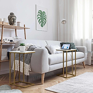 Possile C Shaped End Table Set of 2, Small Side Table for Sofa and Bed, Couch Tables That Slide Under, Snack Side Table for Living Room, Bedroom, White Faux Marble and Gold