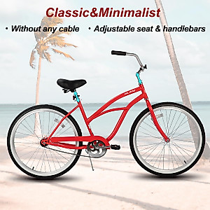 HH HILAND Beach Cruiser Bike for Adults, 26 inch Step-Through Frame Womens Bicycle, Single Speed City Bike Commuter Bicycle for Women, Rear Coaster Brakes, Black Blue Red