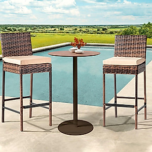 Outvita Patio Wicker Barstools, Outdoor Bar Height Chairs with Seat Cushions & Footrests for Patio Porch Backyard Living Room Balcony, Brown Gradient Rattan & Beige Cushion (2)
