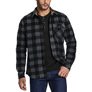 CQR Men's Long Sleeve Heavyweight Fleece Shirts, Plaid Button Up Shirt, Warm Outdoor Casual Shirt with Pockets, One Pocket Charcoal, Medium