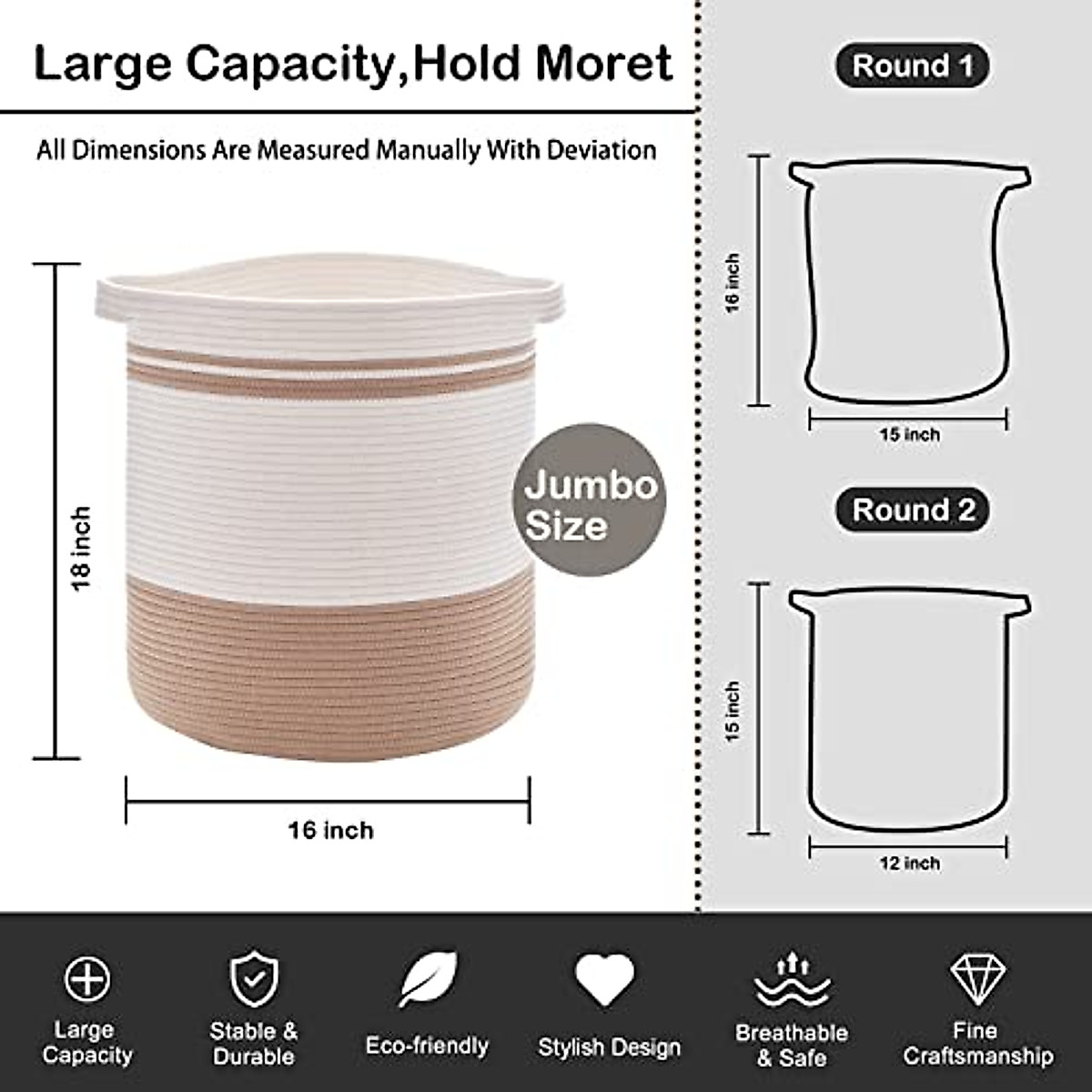 OIAHOMY Laundry Basket- Rope Basket Large Storage Basket with Handles,Modern Decorative Woven Basket for Living Room,Storage Baskets for Toys, Throws, Pillows,and Towels -18"×16"-White&Yellow