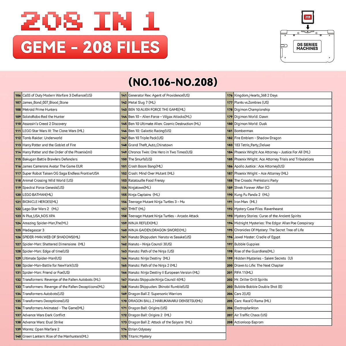 【2024 Newest】208 in 1 Super Combo Game Cartridge, Retro Game Pack Card Compilation with 208 Games