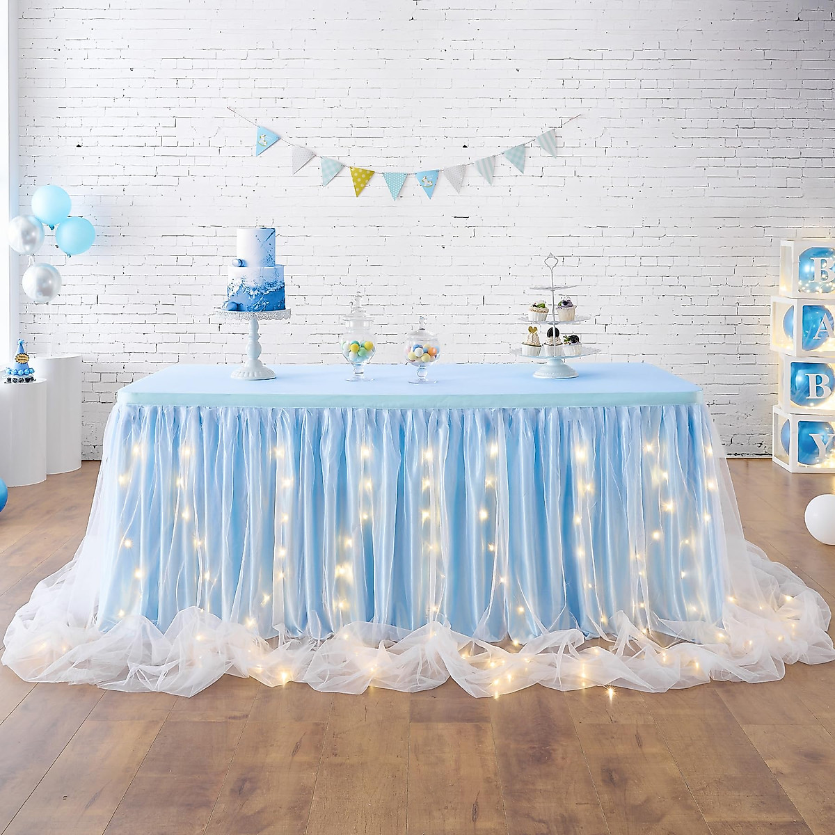 leegleri Baby Blue Tulle Table Skirt for Baby Shower,6FT Blue Ruffle Tutu Table Skirt with LED Light for Elephant Birthday Party Ocean Baby Shark Gender Reveal Cake Table Decorations