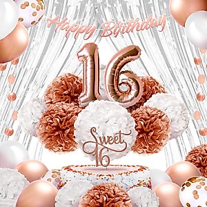 EpiqueOne 41-Piece Rose Gold Sweet 16 Birthday Decoration for Girls | Includes Happy Birthday Banner, Cake Topper, Tissue Pom Poms & More | Easy to Set Up | Also Ideal for Bridal & Baby Showers & More