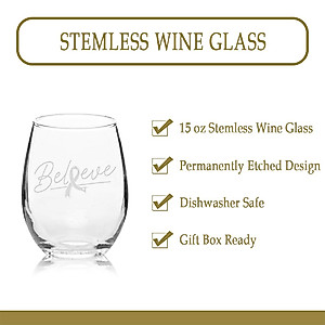 Veracco Believe Ribbon Stemless Wine Glass Motivational Inspirational Uplifting Cancer Gifts For Women ChemoSurvivor
