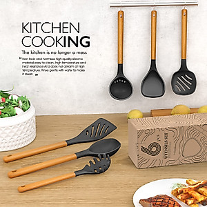 Large Silicone Cooking Utensils Set - Heat Resistant Silicone Utensils for Cooking w Long Wooden Handles, Kitchen Utensil Spatula Set, Kitchen Gadgets for Non-Stick Cookware, BPA Free(Grey)