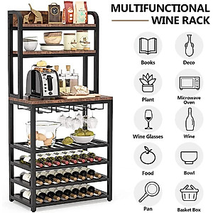 Tribesigns 32 Bottle Wine Rack Freestanding Floor, 7-Tier Wine Storage Display Shelves with Glass Holder, Wine Bar Cabinet Bottle Holder Organizer Stand for Kitchen Bar Dining Room (Rustic Brown)