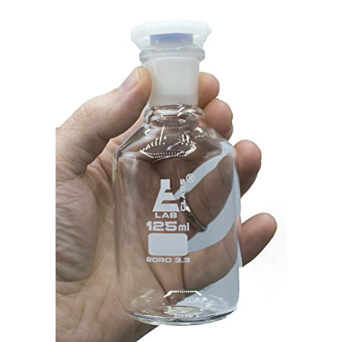 EISCO 125mL (4.2oz) Glass Reagent Bottle with Acid Proof Polypropylene Stopper, Borosilicate 3.3 Glass Labs