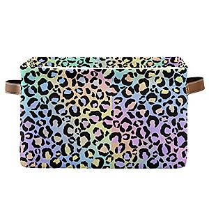 Leopard Storage Basket Fabric Storage Bin Decorative Baskets, Yellow Purple Green Foldable Storage Boxes Organizer Bag for Baby Cloth Dog Toy Book Storage Cubes Shelf Closet Basket 16×12×8 Inches