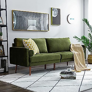 Vonanda Velvet Sofa Couch, Mid Century Modern Craftsmanship 73 inch 3-Seater Sofa with Comfy Tufted Back Cushions and 2 Bolster Pillows for Compact Living Room, Elegant Mustard Green