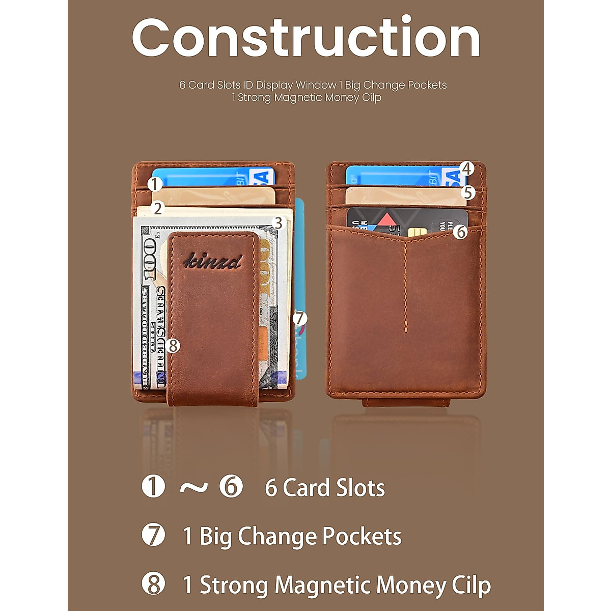 kinzd Money Clip Crazy Horse Leather Slim Minimalist Wallet for Men RFID Blocking Strong Magnet Money Clips Front Pocket Wallet