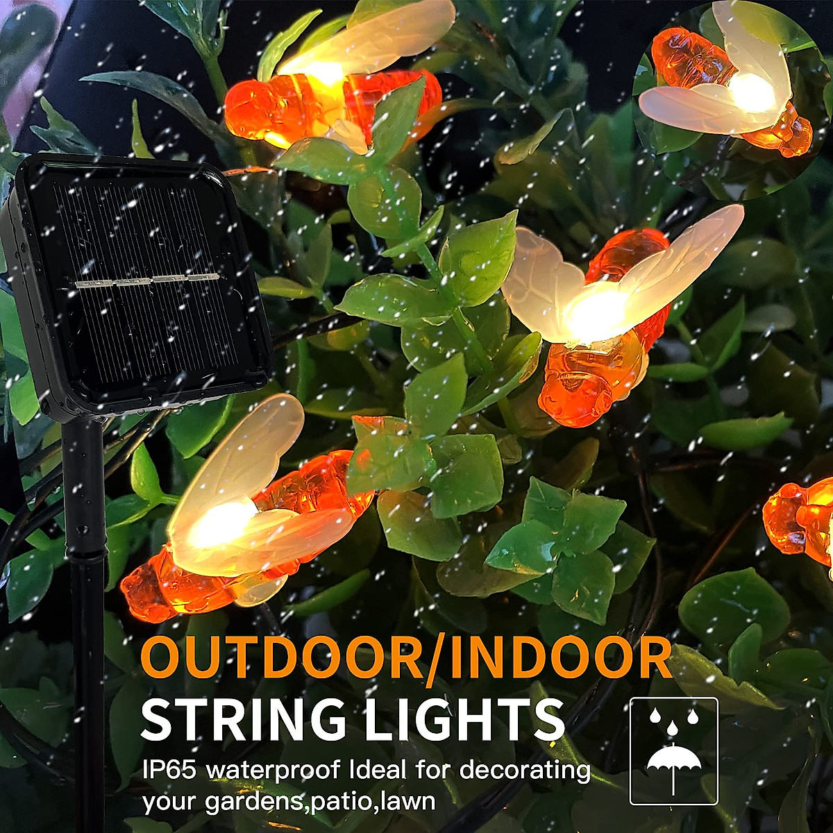 Ovker Solar String Lights 50LED Outdoor Waterproof Simulation Honey Bees Decor for Garden Christmas Decorations Warm White