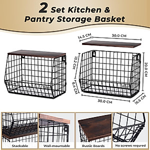 Mefirt 2pcs Fruit Basket Onion Storage Wire Baskets with Wood Lid, Stackable Wall-mounted & Countertop Tiered Kitchen Counter Organizer for Snack, Fruit and Vegetable Storage, 11.8 * 7.9 * 8.5 Inches