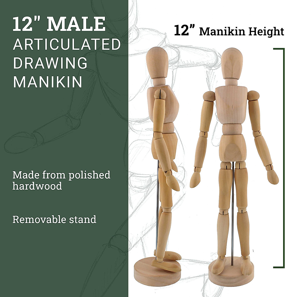 US Art Supply Wood 12" Artist Drawing Manikin Articulated Mannequin with Base and Flexible Body - Perfect for Drawing The Human Figure (12" Male)
