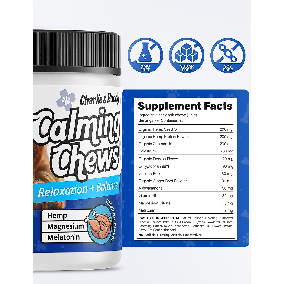 Charlie & Buddy Calming Chews for Dogs, Dog Anxiety Relief, Promote Relaxation, Dog Calming Chews with Melatonin for Dogs, Chamomile, Magnesium Citrate, 90 Soft Chews, Chicken Flavor