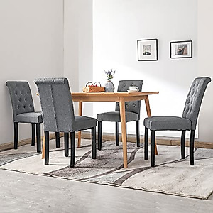 LSSBOUGHT Button-Tufted Upholstered Fabric Dining Chairs with Solid Wood Legs, Set of 4 (Gray)