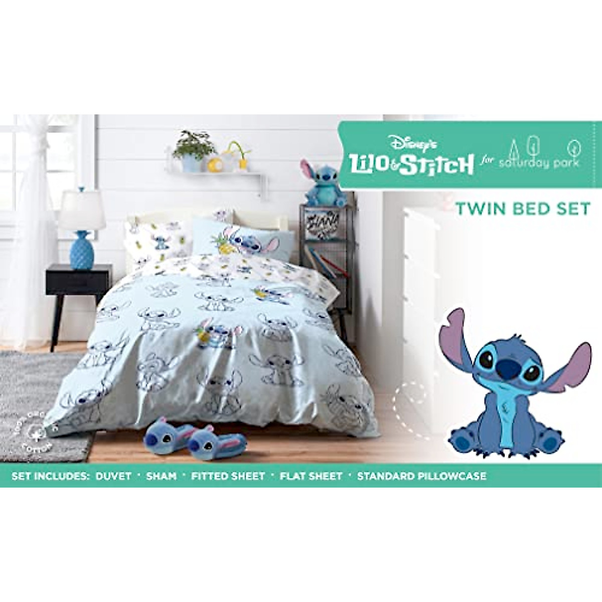 Saturday Park Disney Lilo & Stitch Watercolor Vibes Twin Bed Set - 5 Piece 100% Organic Cotton Bedding - GOTS & Oeko-TEX Certified (Disney Official)