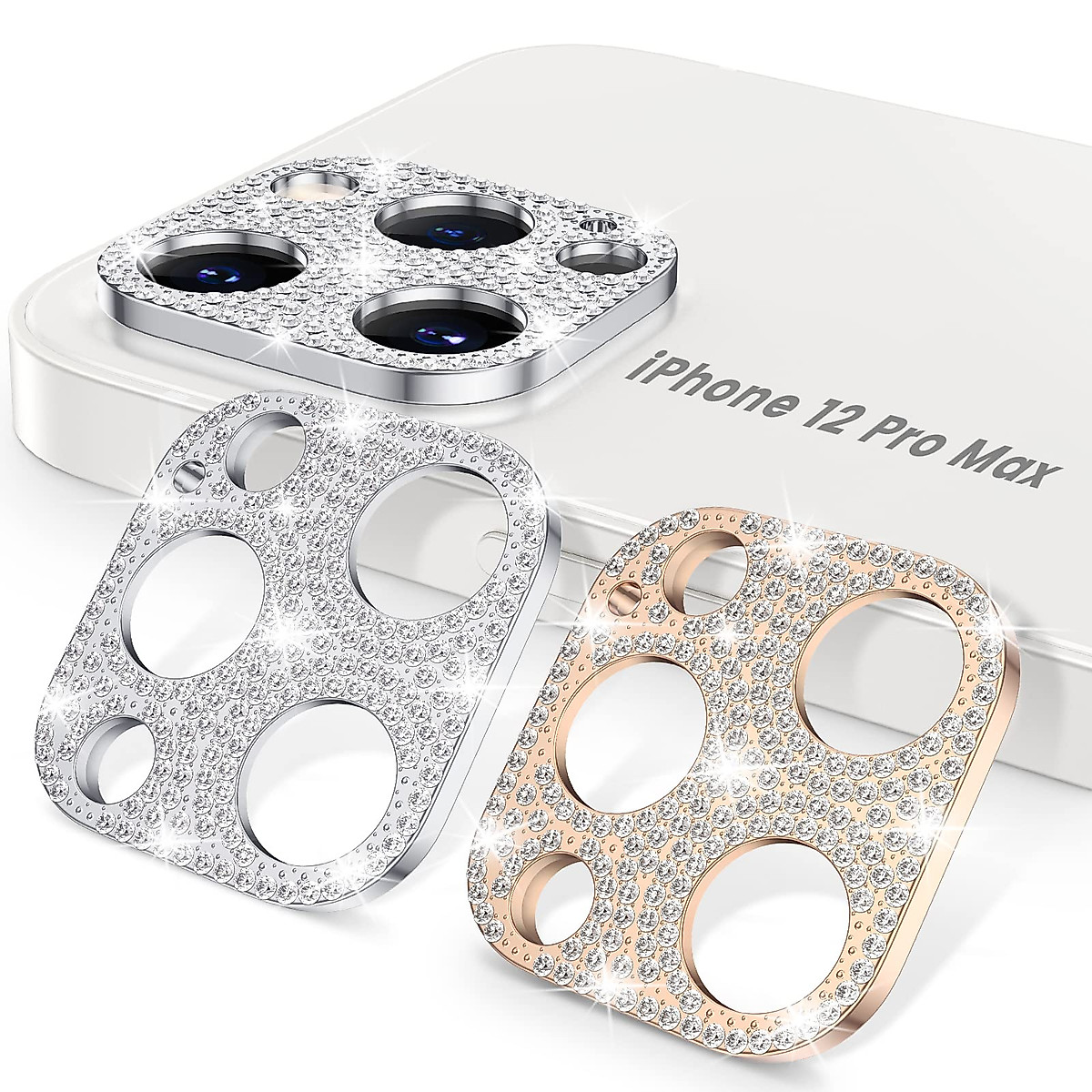 Goton [2 Pack] for iPhone 12 Pro Max Camera Lens Protector, Bling Glitter Diamond Metal Lens Protective Decoration Cover for iPhone 12 Pro Max 6.7inch (Silver+Rose Gold)