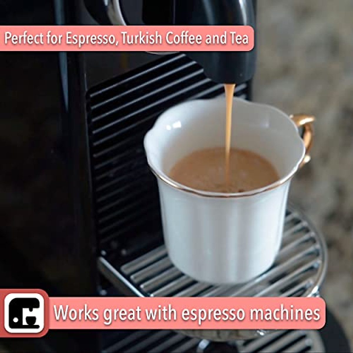 BTaT- Small Espresso Cups and Saucers, Set of 6 Demitasse Cups (2.4 oz) with Gold Trim and Gift Box, Small Coffee Cup, White Espresso Cup, Turkish Coffee Cup, Porcelain Espresso Cup