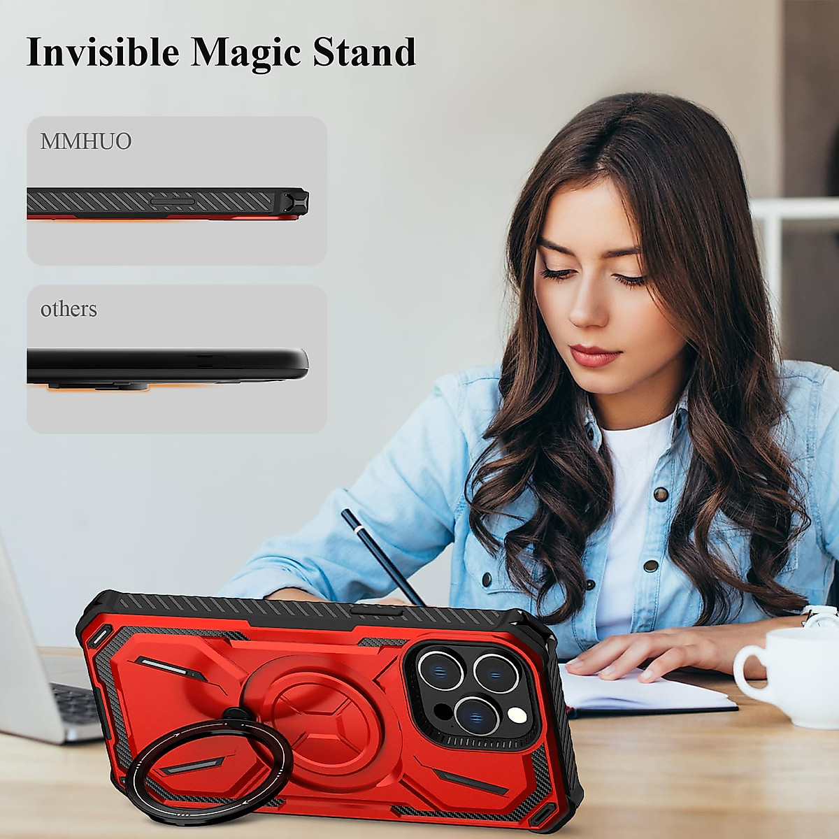MMHUO 360°Rotatable Magnetic Ring for iPhone 14 Pro Max Case with Invisible Stand,[Compatible with MagSafe] Military Grade Drop Tested Heavy Duty Protective Case for iPhone 14 Pro Max,Red