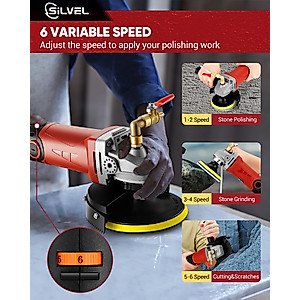 SILVEL 860W Wet Polisher, 4 inch Wet Stone Polisher with 6 Variable Speeds, 110V Granite Polisher with 7 Diamond Polishing Pads for Granite, Marble, Concrete, Stones