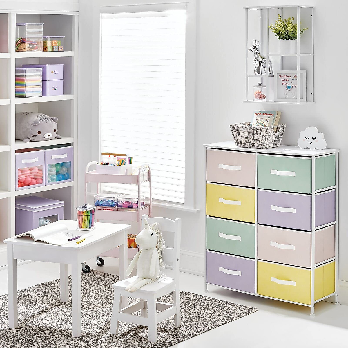 mDesign 38.31" High Steel Frame/Wood Top Storage Dresser Furniture Unit with 8 Removable Fabric Drawers - Large Bureau Organizer for Bedroom, Living Room, or Closet - Jane Collection, Bright/Multi