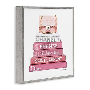Stupell Industries Pink Book Stack Fashion Handbag, Design by Amanda Greenwood Gray Framed Wall Art, 12 x 12