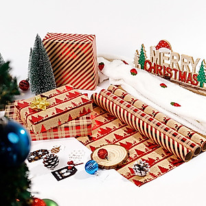 Win Change Christmas Wrapping Paper Rolls, Kraft Christmas Gift Wrapping Paper Set Vintage Wrapping Paper for Boys Men Women Girls 17 Inch X 10 Ft X 3 Roll(Christmas tree deer 42 Sq.Ft.Ttl)