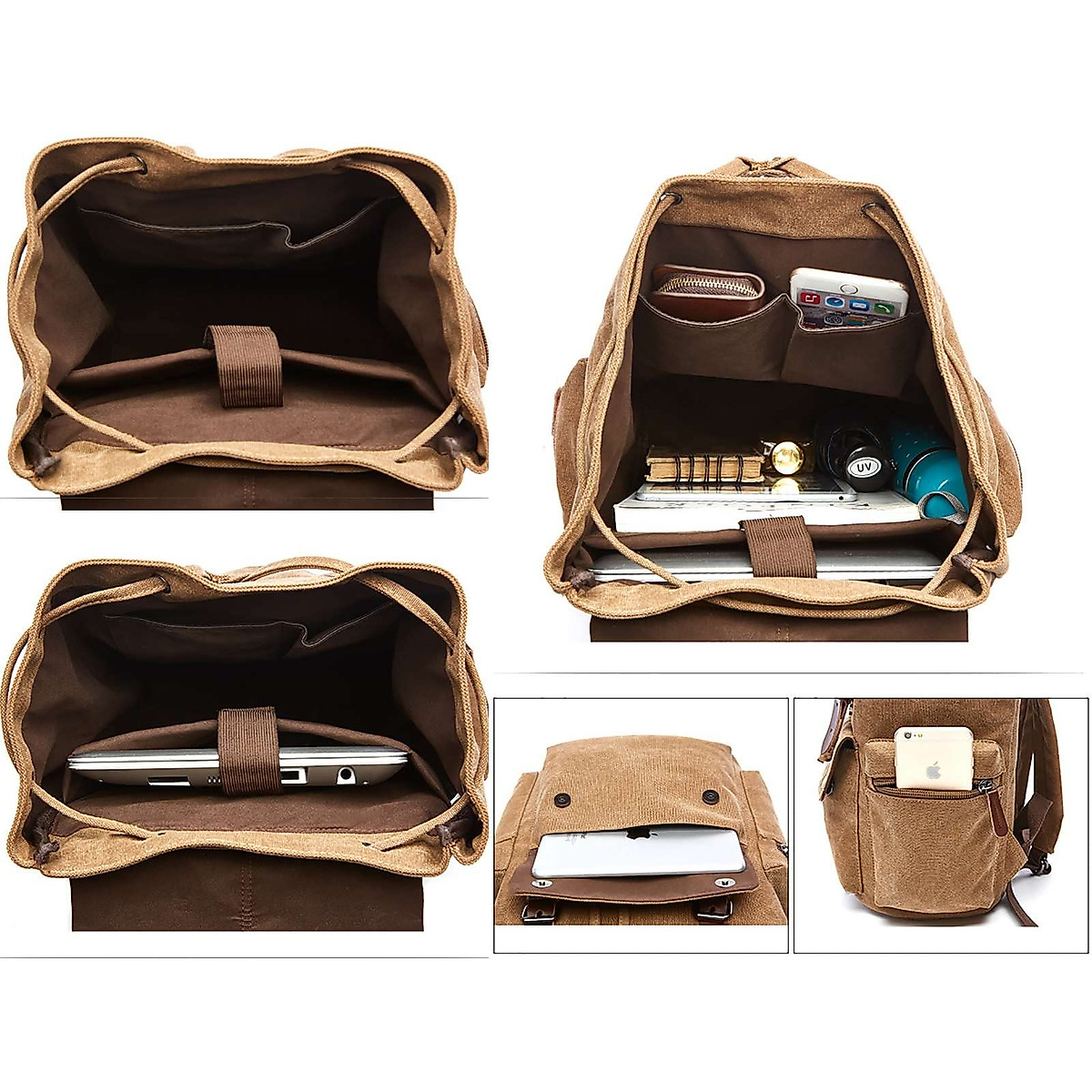 Canvas Backpack Rucksack Genuine Leather Casual Daypack Schoolbag College Bookbag for Men Women Outdoor Cycling Hiking Travel Laptop School Black