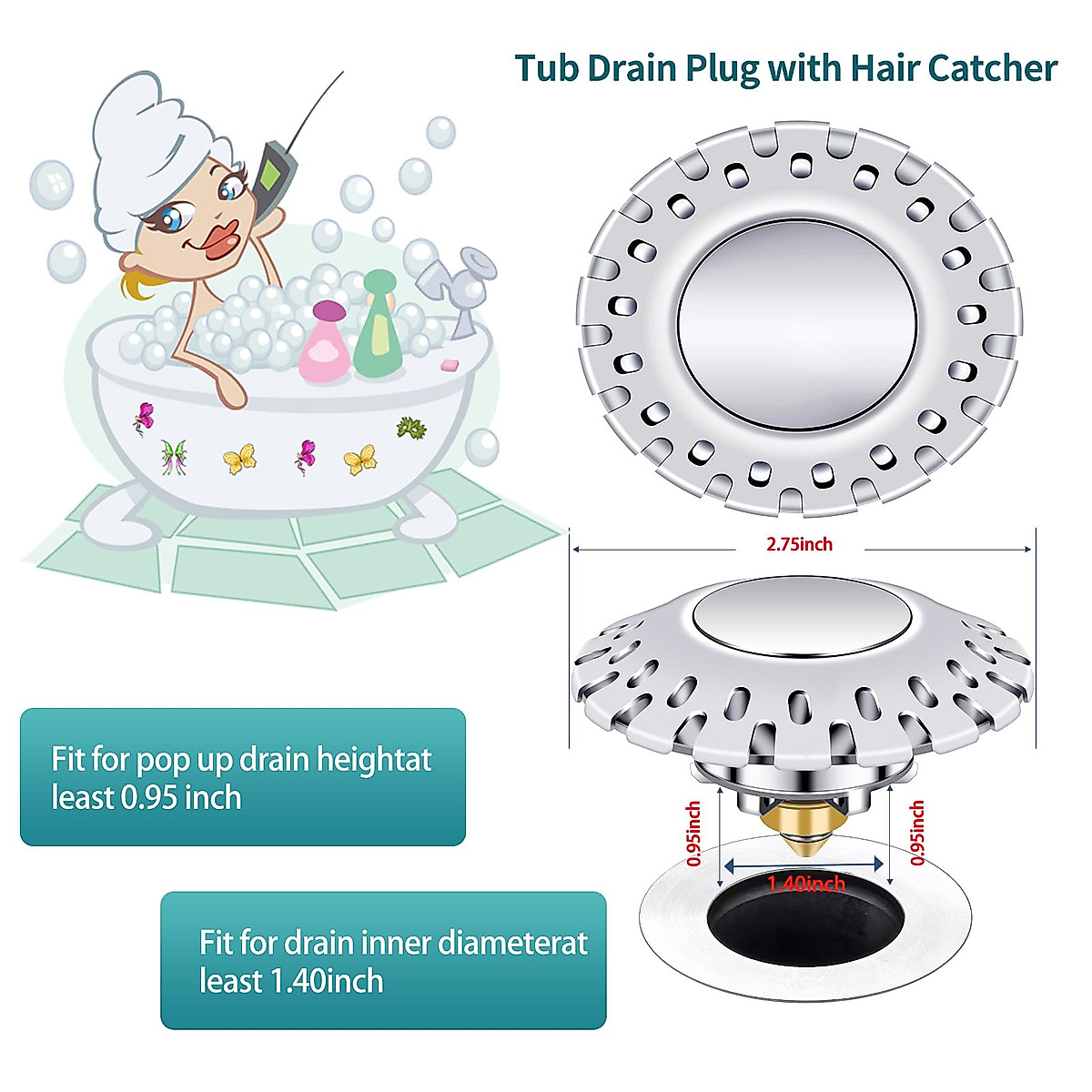 Universal Tub Stopper Bathtub Drain Plug, Pop Up Drain Hair Catcher Copper Dual Filtration, Replaces Bath Tub Lift & Turn, Tip-Toe & Trip Lever, 2 in 1 Strainer Cover for 1.45 to 1.85" Drain Hole