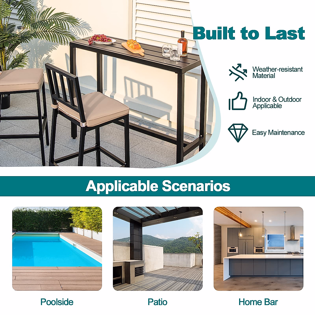 COSTWAY 3 Piece Outdoor Patio Bar Set, 48" Rectangular Pub Height High Top Bar Table with 2 Cushioned Bar Stools, Metal Bar Table and Chairs Set for Balcony, Backyard, Porch