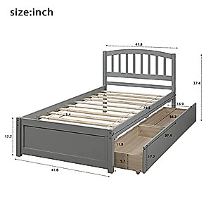 Twin Bed with Drawers,Wood Bed Frame with Headboard and Footboard Wood Platform Captain Beds for Boys, Girls, Kids, Teens and Adults, Gray