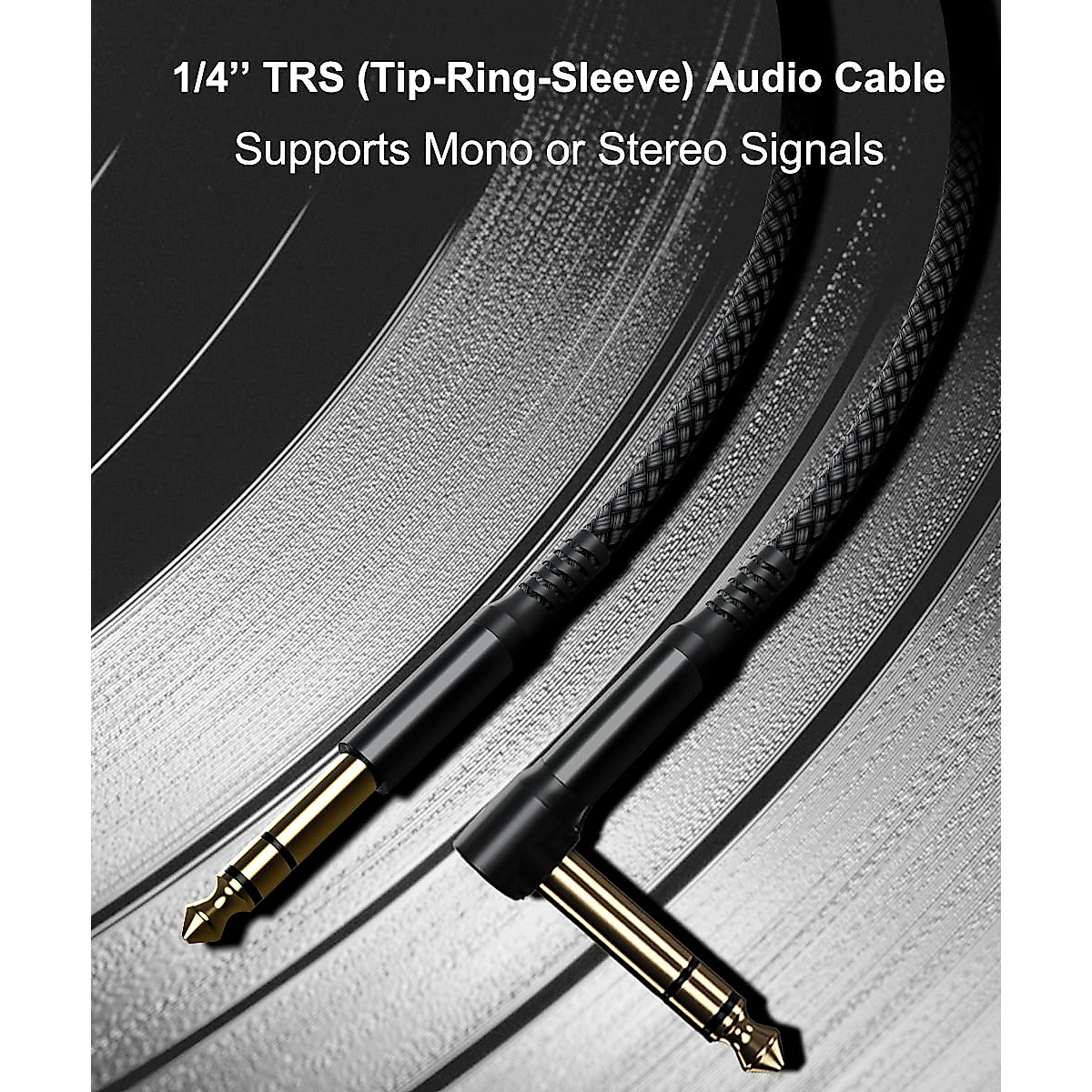 Elebase 1/4 Inch TRS Instrument Cable 20ft 2-Pack,Right-Angled to Straight 6.35mm Male Jack Stereo Audio Cord,6.35 Balanced Interconnect Line for Electric Guitar,Bass,Keyboard,Mixer,Amplifier,Speaker