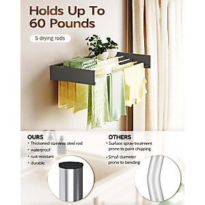 Vikaqi Clothes Drying Rack Wall Mounted, 32" Drying Rack Clothing Retractable, Laundry Drying Rack Space Saving, Collapsible Drying Racks for Laundry Folding Indoor Outdoor, 5 Rods, Black