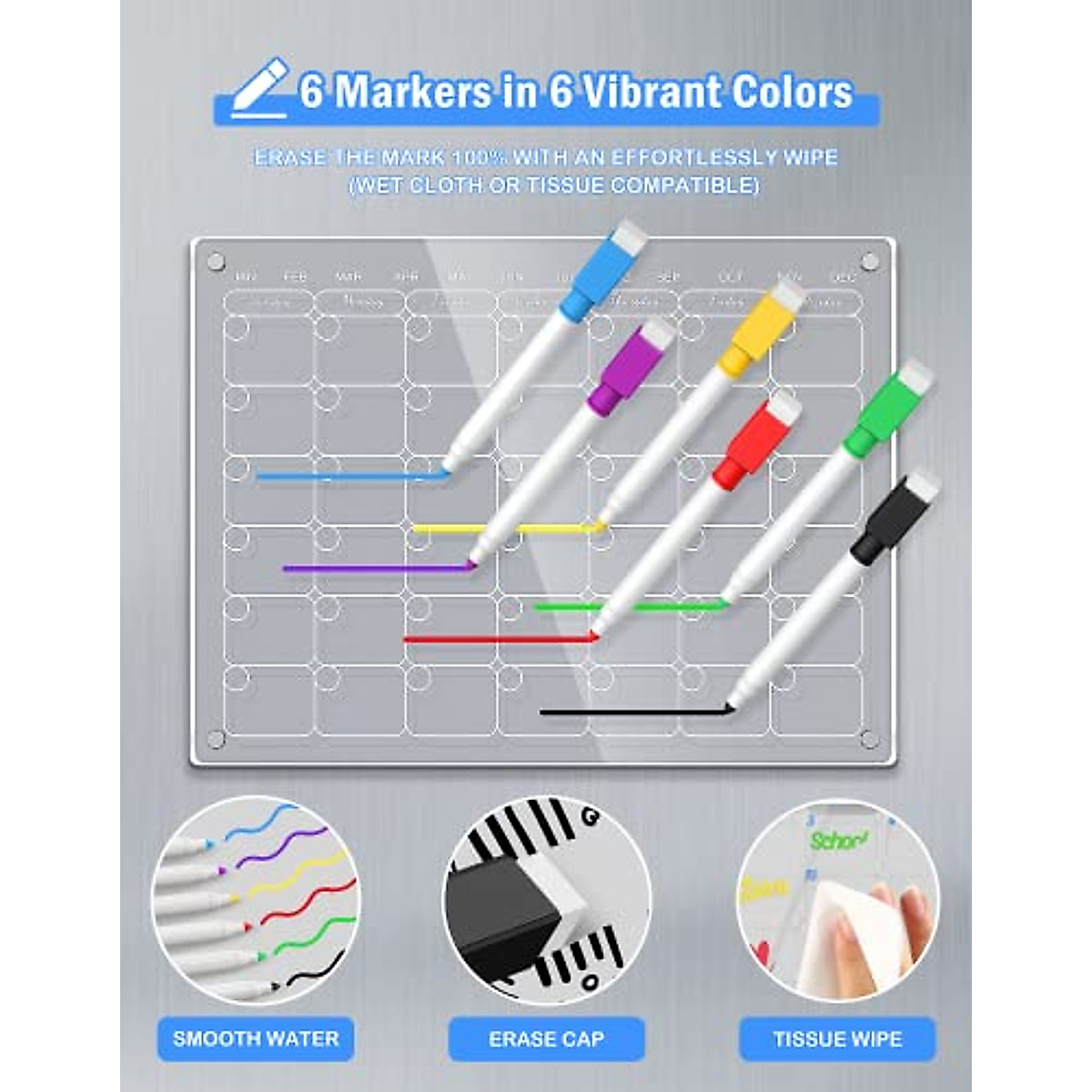 Acrylic Magnetic Dry Erase Calendar Board for Fridge, 16''x12'' Monthly Calendar&Blank Dry Erase Board for Fridge, 90% Stronger-Magnetic Whiteboard Planner Also for Stainless Steel 6 Markers 1 Eraser