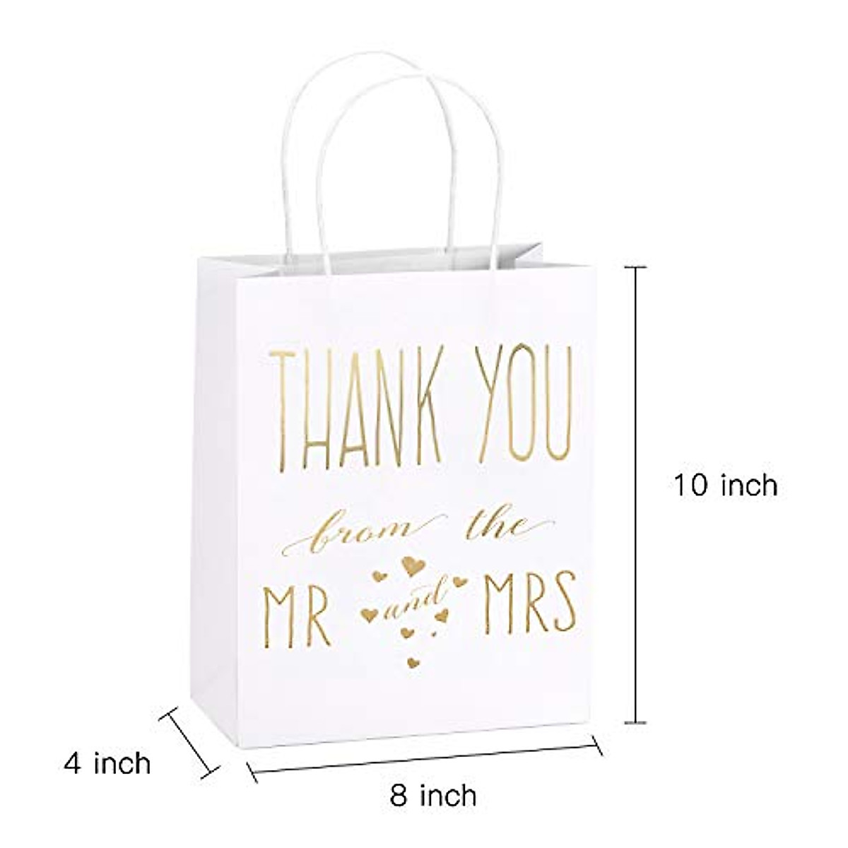 LaRibbons Medium Size Gift Bags - Gold Foil Mr. and Mrs. Thank You White Paper Bags with Handles for Wedding, Bridal Shower, Birthday, Baby Shower, Party Favors - 25 Pack - 8" x 4" x 10"