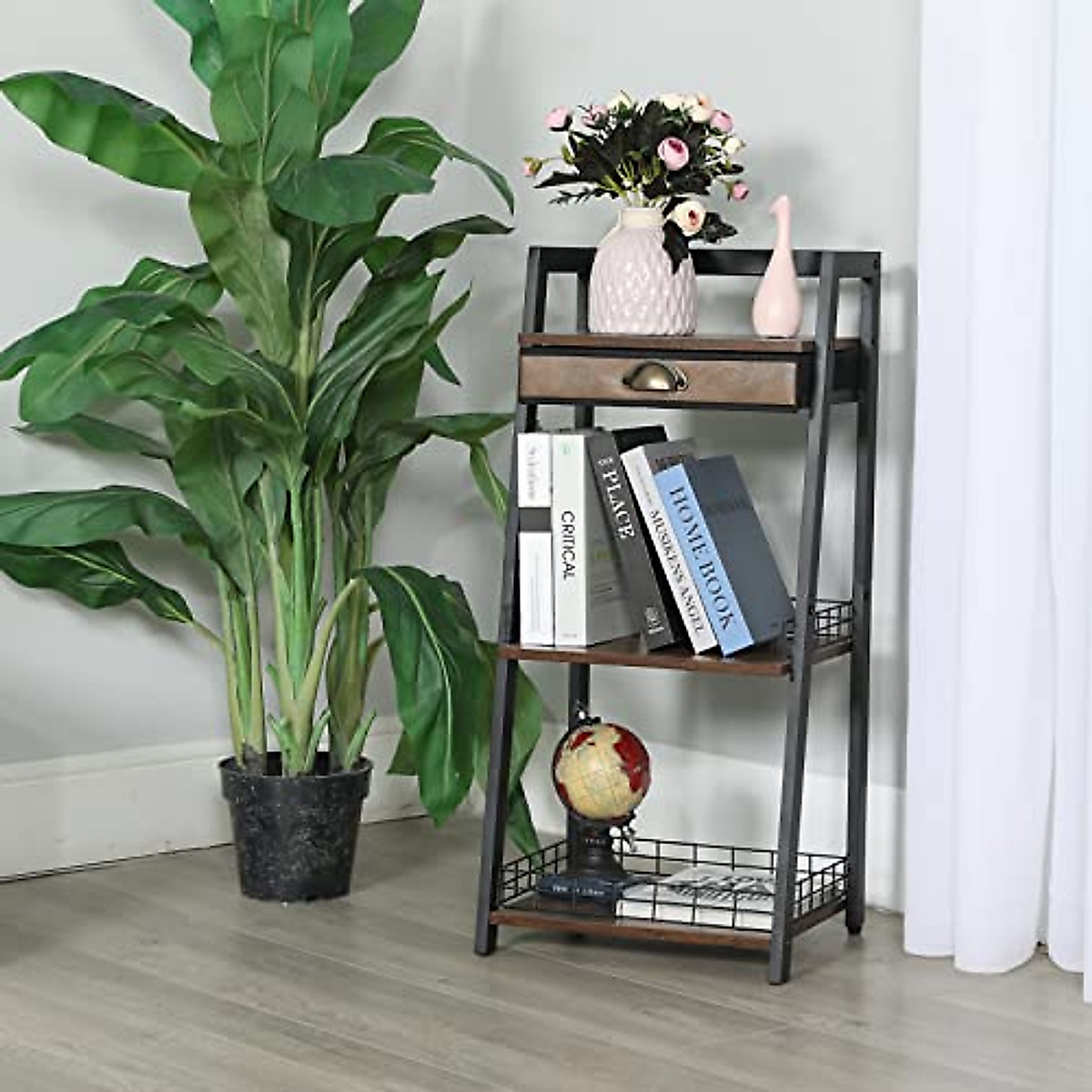 keomaisyto 3-Tier Bathroom Ladder Shelf, Bathroom Floor Storage Shelf with Drawer, Freestanding Tower Shelf, Open Shelving Unit for Bathroom Living Room Balcony