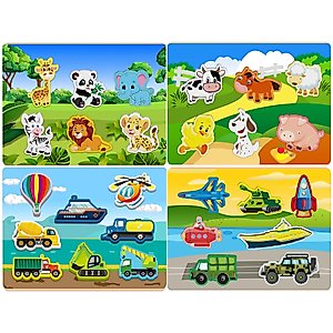 Wtaleop Wooden Peg Puzzle for Toddlers 1-3 Year Old,Funsland Puzzles Gifts Colorful Toys Cartoon Gifts,Farm Zoo Animals Vehicle Arsenal Puzzles (Pack of 4)
