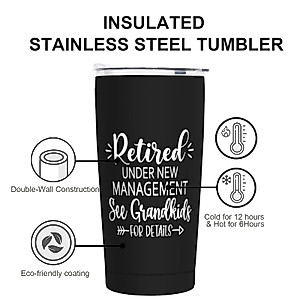 Wisedeal Retired Under New Management Stainless Steel with Lid Insulated Tumbler Coffee Mug, Retirement Christmas Birthday Gifts Mug For Grandma Grandpa Uncle Dad Mom Aunt, Black 20 Oz