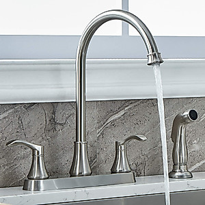 VALISY 3 Hole or 4 Hole Two Handle Kitchen Faucet with Side Sprayer, Commercial Lead-Free Brushed Nickel Kitchen Sink Faucets for Rv Kitchen Sinks with High-Arc Spout & Side Sprayer