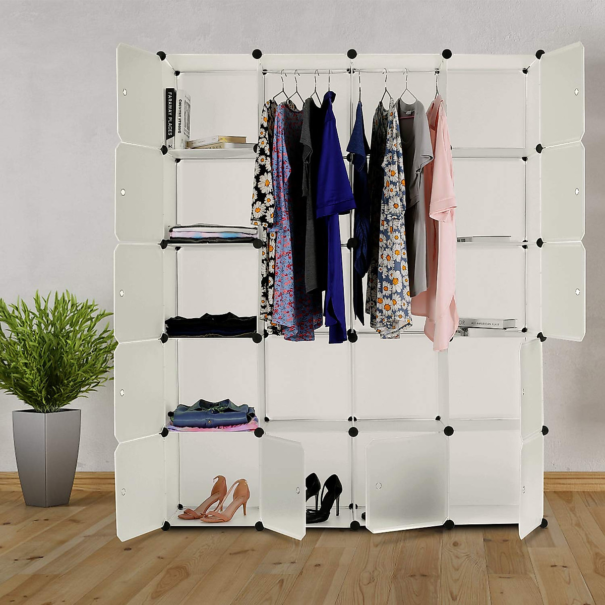 Devo Portable Wardrobe for Hanging Clothes, Cube Storage Organizer, DIY Closet Clothes Plastic Wardrobe for Space Saving (20 Cubes) with Hammer (White)