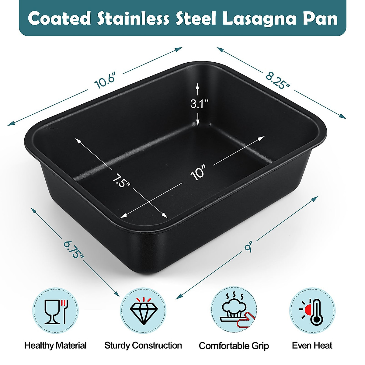 TeamFar Lasagna Pan, 10.6 x 8.25 x 3.1inch Rectangular Cake Baking Pan, with Stainless Steel Core & Nonstick Coating, Healthy, Wider Edge & Deep Side