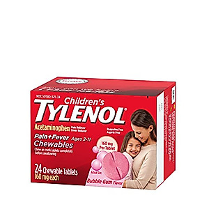 Tylenol Children's Chewables with 160 mg Acetaminophen, Pain Reliever & Fever Reducer for Kids' Cold + Flu Symptoms, Headache, Sore Throat & Toothache, Aspirin-Free, Bubble Gum, 24 ct
