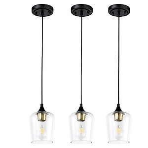 Hamilyeah 3 Light Pendant Light Fixture Over Kitchen Island, Black and Gold Pendant Lighting for Living Room, Industrial Farmhouse Hanging Lamp Set of 3 with Champagne Glass Shade