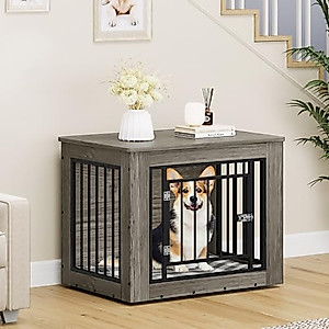 YITAHOME Dog Crate Furniture for Medium Dogs, Side End Table, Modern Dogs Kennel Indoor up to 35 lb, 2-in-1 Iron-Wood Fusion Dog Cage with Waterproof Top, Safety Corners,Steel Lock,30" L,Greige