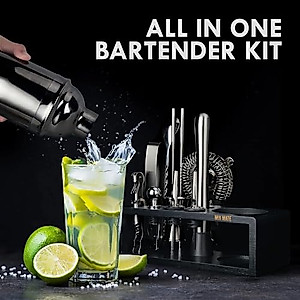 Black Stainless Steel Cocktail Shaker Set with Wood Stand - 15 Piece Bartender Kit with Drink Shaker, Bar Spoon, Jigger, Muddler, Strainer, Bottle Opener, Stopper, Pour Spout, Stirrers, Tongs, Recipes
