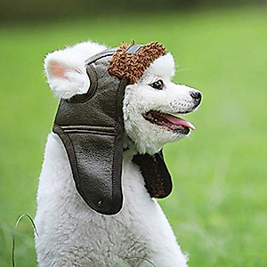 Pet Pilot Hat,Dog Cat PU Leather Aviator Fleece Lined Winter Warm Costume Caps,with Ear Holes,for Small Medium Large Dogs(Brown,S)