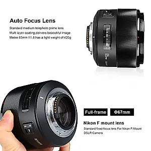 Meike 85mm f1.8 Wide Aperture Full Frame Auto Focus Telephoto Lens for Nikon F Mount DSLR Camera and Compatible with Nikon APS-C Cameras D610 D750 D780 D810