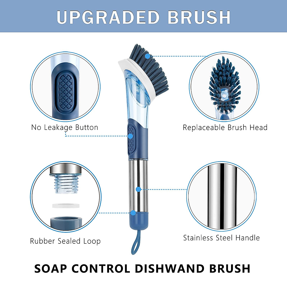 NileHome Dish Brush with Soap Dispenser Dish Scrubber with 4 Replaceable Heads Kitchen Dish Scrub Brush with Stainless Steel Handle Dish Cleaning Brush Dish Wand for Dishes, Pots…
