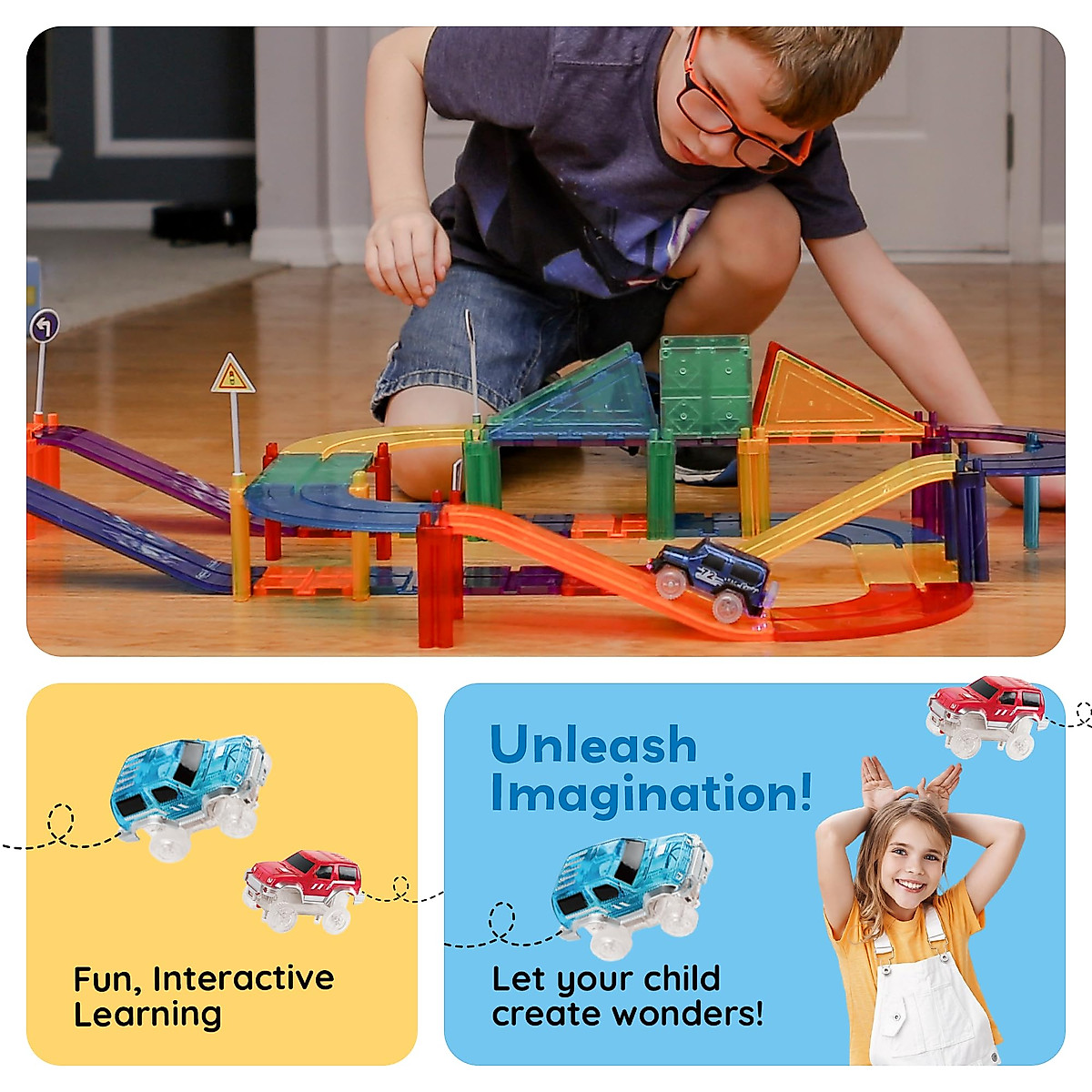 PicassoTiles Magnetic Race Track Toys Car Tracks Set for Toddlers Magnet Building Blocks Tiles Sensory Toys for Kids Include 2 Trucks STEM Engage in Thrilling Races Age 3+ Year Old Boys Girls